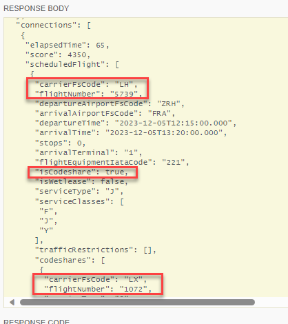 How does the Connections API handle flights with separate marketing and ...