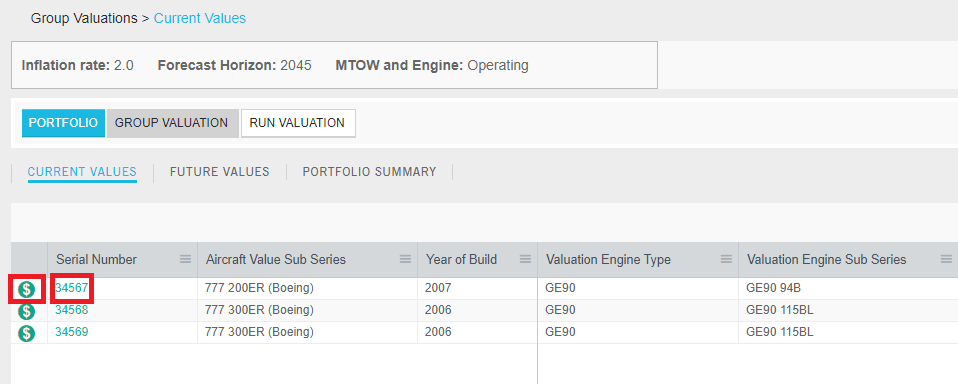 How do I export individual valuations for each aircraft added to a ...