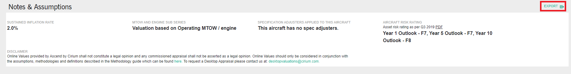 How do I export individual valuations for each aircraft added to a ...
