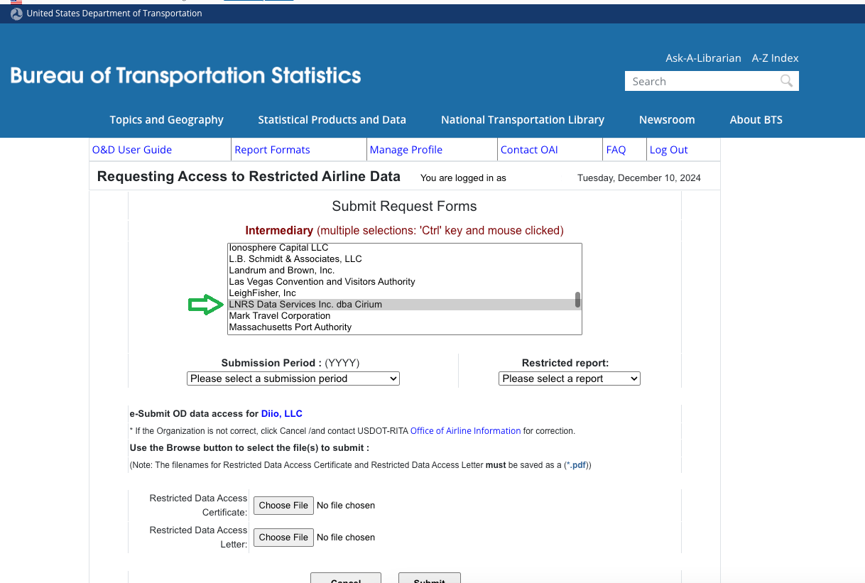 How do I get access to restricted International O&D data in the Diio Mi ...